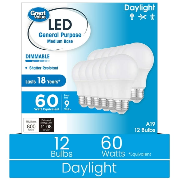 Great Value 18YR A19 LED Light Bulb, 9W 60W Equivalent, Dimmable Daylight, E26 Medium Base, 12 ...