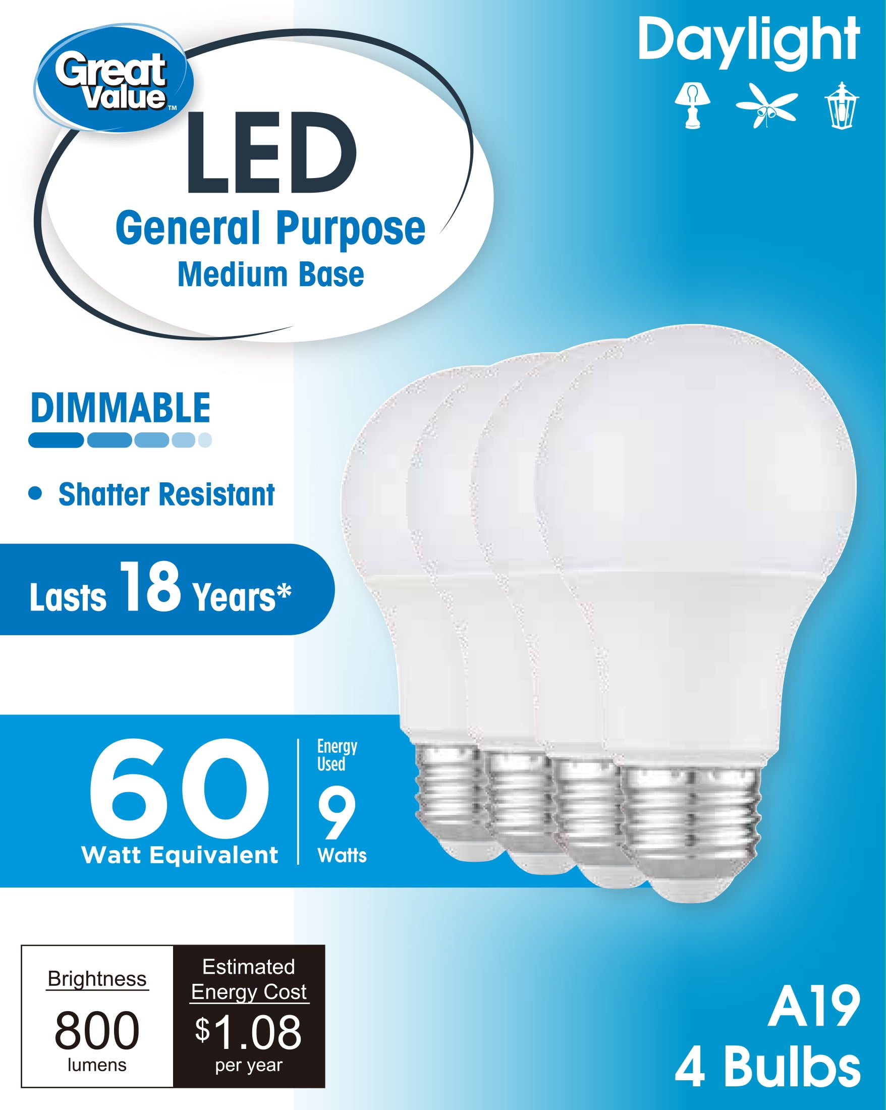Great Value 18YR A19 LED Light Bulb, 9W (60W Equivalent) Dimmable Daylight E26 Medium Base (4 ...