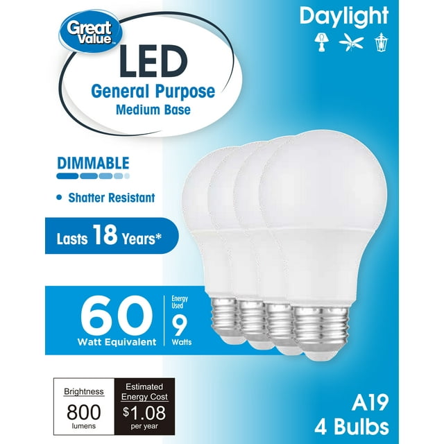 Great Value 18YR A19 LED Light Bulb, 9W (60W Equivalent) Dimmable Daylight E26 Medium Base (4 ...