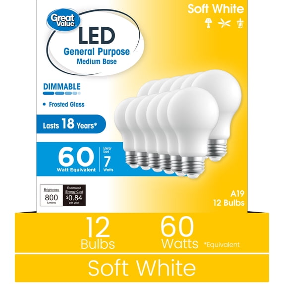 Great Value 18YR A19 LED Light Bulb 9W Dimmable Soft White E26 Medium ...