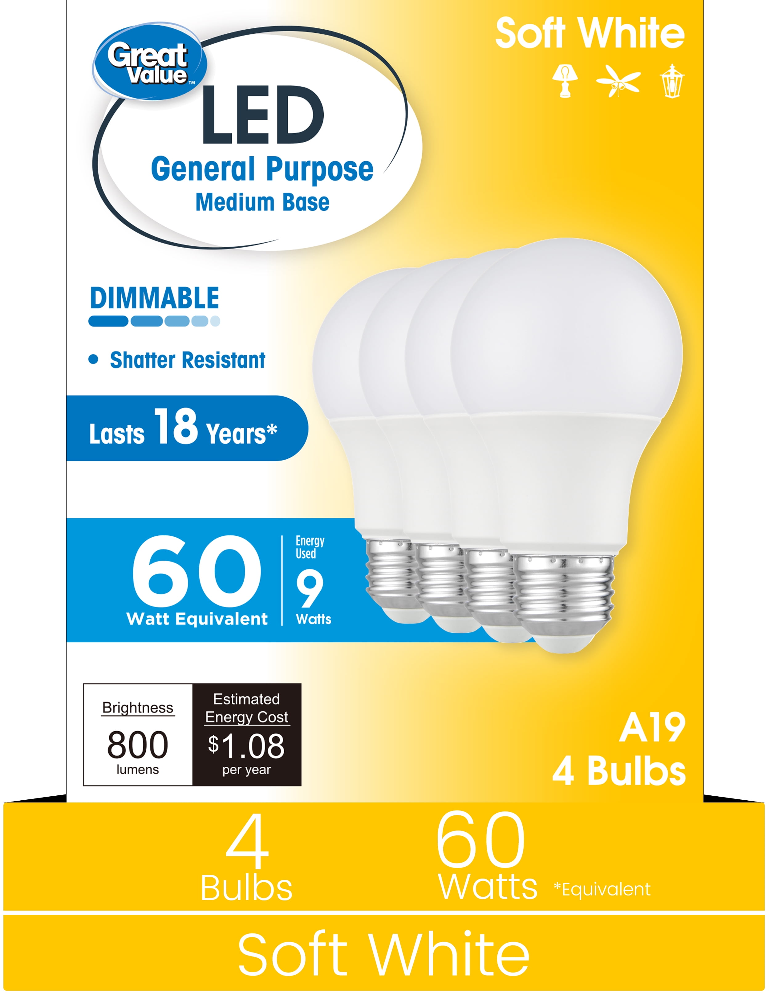 Great Value A19 LED Light Bulb, 9W 60W Equivalent, 2700K Soft White ...