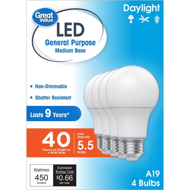Great Value A19 LED Light Bulbs, 40 Watts Eqv, Daylight, General ...