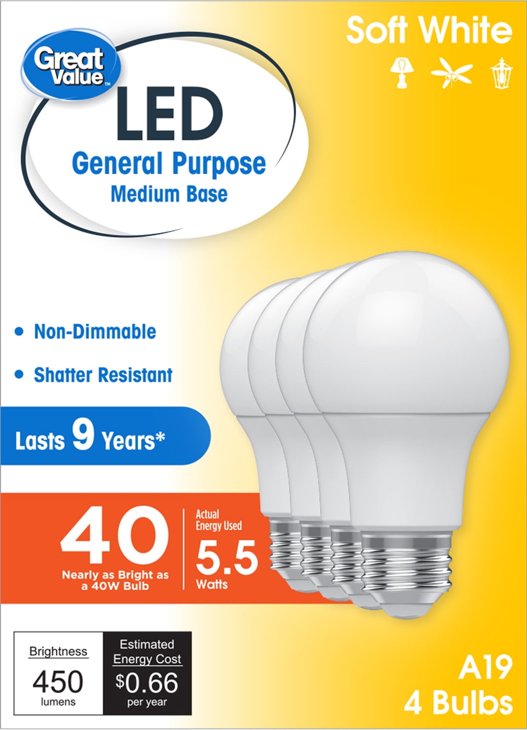 Great Value A19 LED Light Bulbs, 40 Watts Eqv, Soft White, General ...