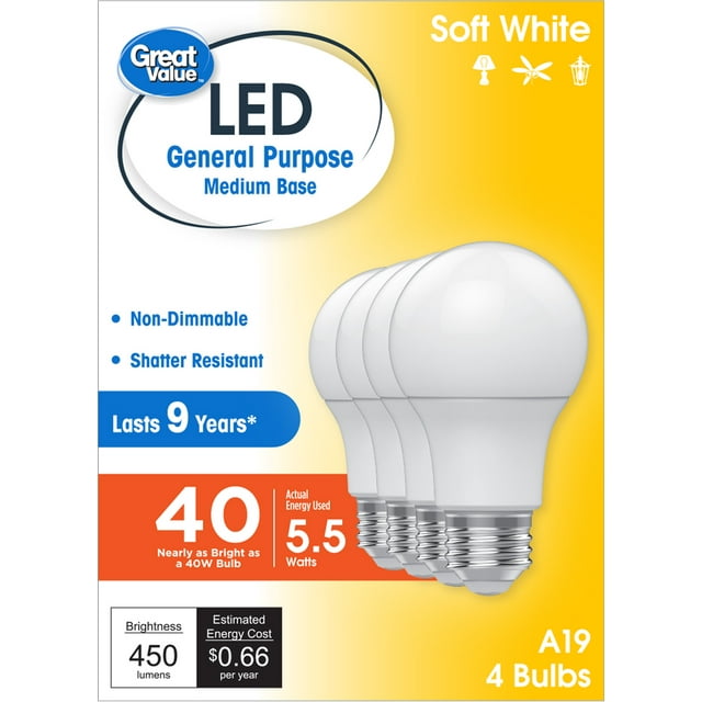 Great Value A19 LED Light Bulbs, 40 Watts Eqv, Soft White, General ...