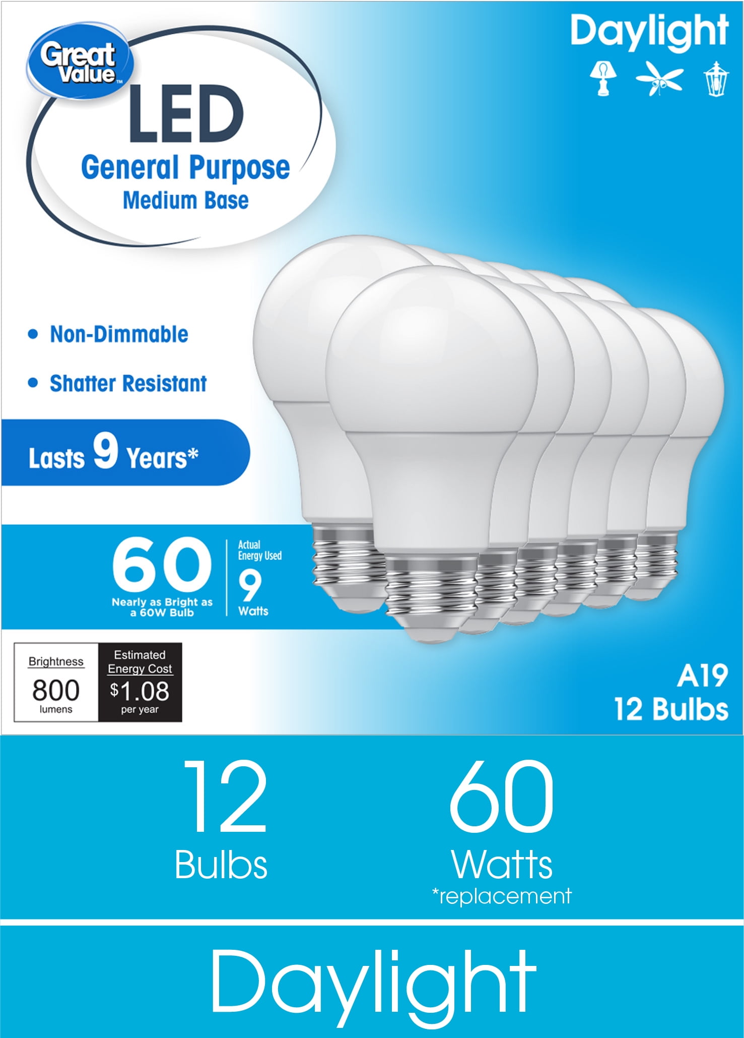 Great Value LED Light Bulbs 60W Eqv Daylight 9-Year Medium Base 12 Pack ...