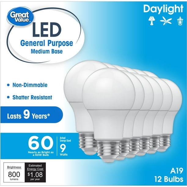 Great Value A19 LED Light Bulbs, 60 Watts Eqv, Daylight, General ...