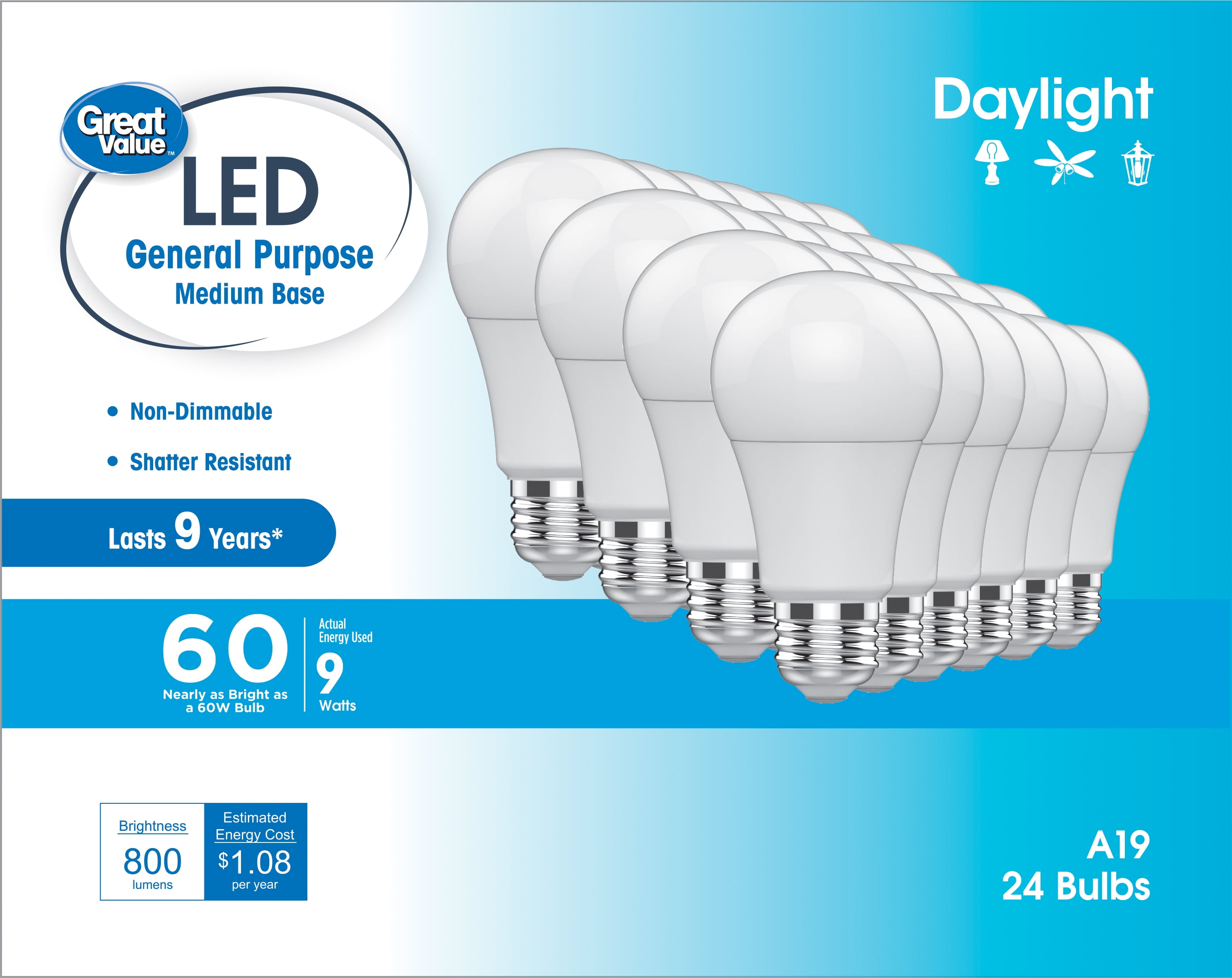 Great Value LED Light Bulbs 60W Eqv Daylight 9yr, E26 Medium Base, 24 ...