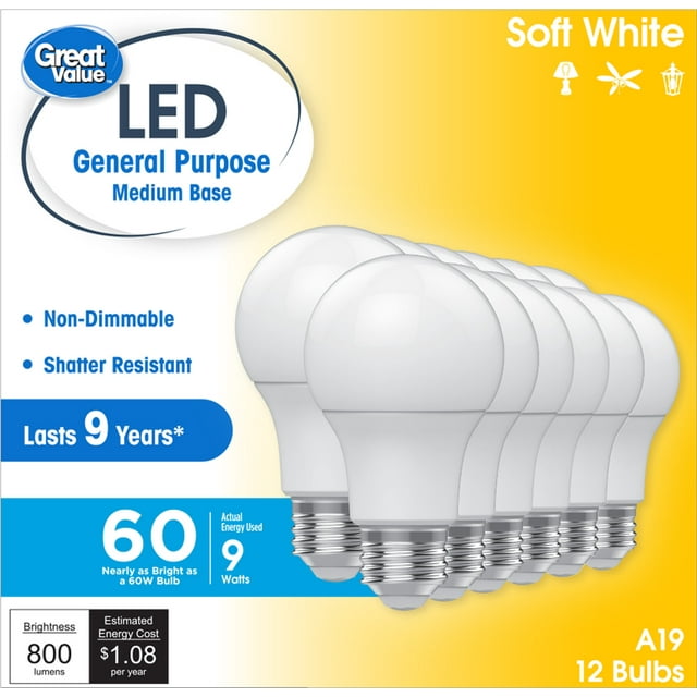 Great Value A19 LED Light Bulbs, 60 Watts Eqv, Soft White, General ... Great Value A19 LED Light Bulbs, 60 Watts Eqv, Soft White, General ...