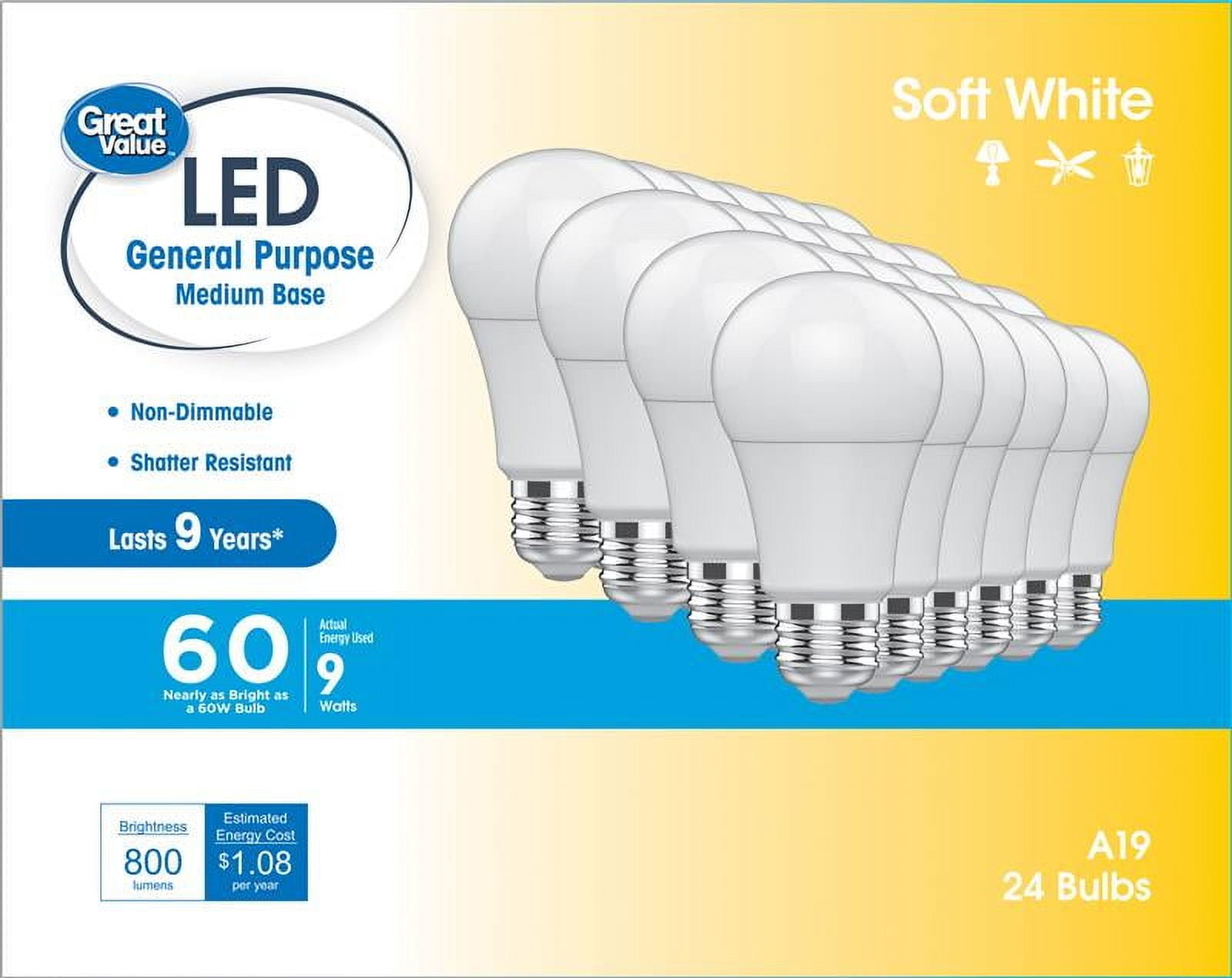 Great Value LED A19 Light Bulbs 9.1 Year Life 60W Equivalent Soft White ...