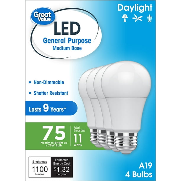 Great Value A19 LED Light Bulbs, 75 Watts Eqv, Daylight, General ...