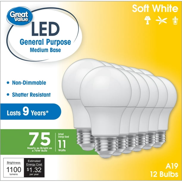 Great Value A19 LED Light Bulbs, 75 Watts Eqv, Soft White, General ...