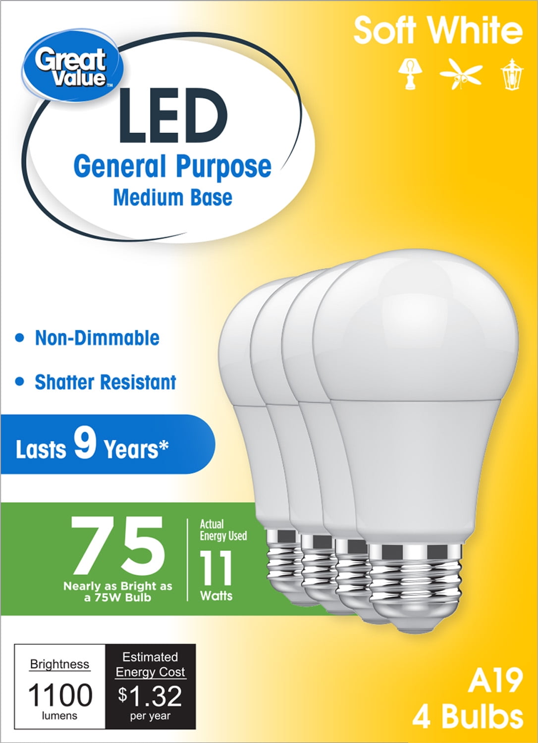 Great Value A19 LED Light Bulbs, 75 Watts Eqv, Soft White, General ...