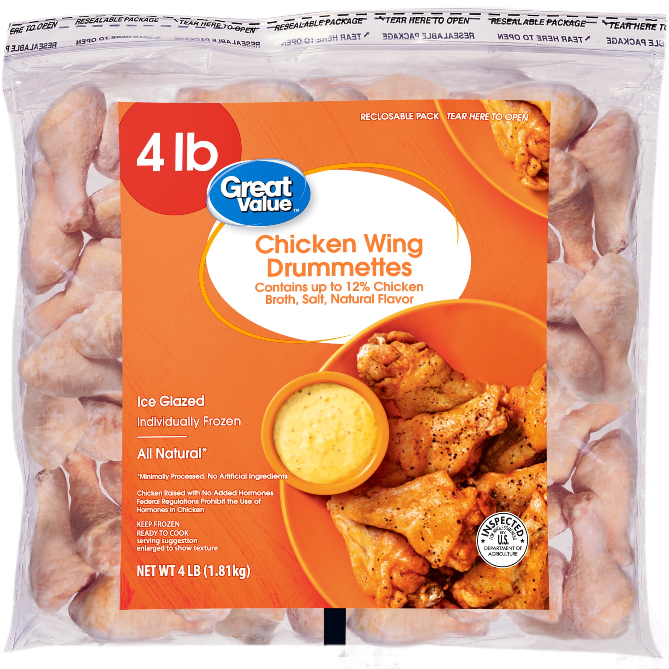 Great Value All Natural Chicken Wing Drummettes, 16g Protein per 4oz ...