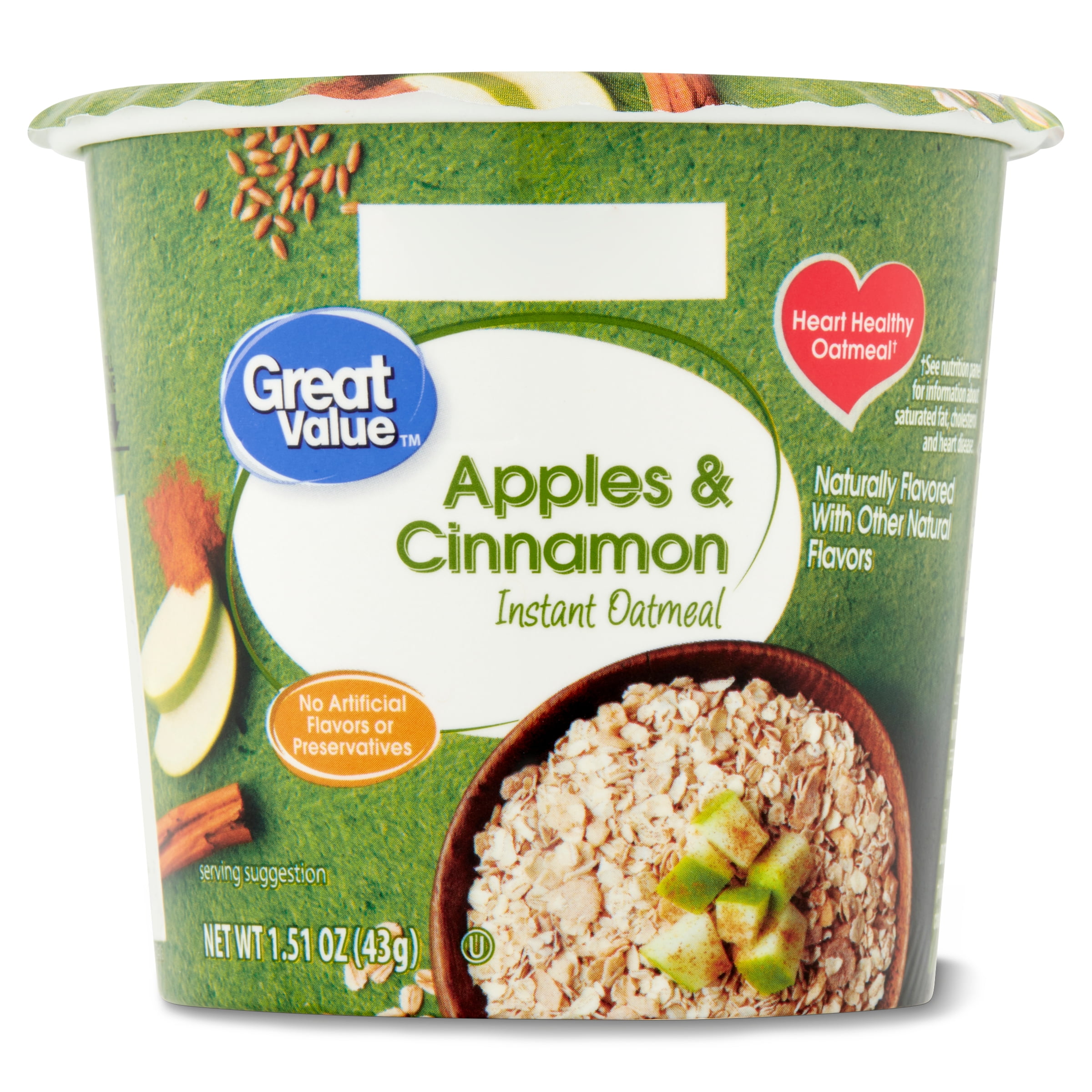 Great Value Apples & Cinnamon Instant Oatmeal Cup 1.51 oz Microwaveable ...