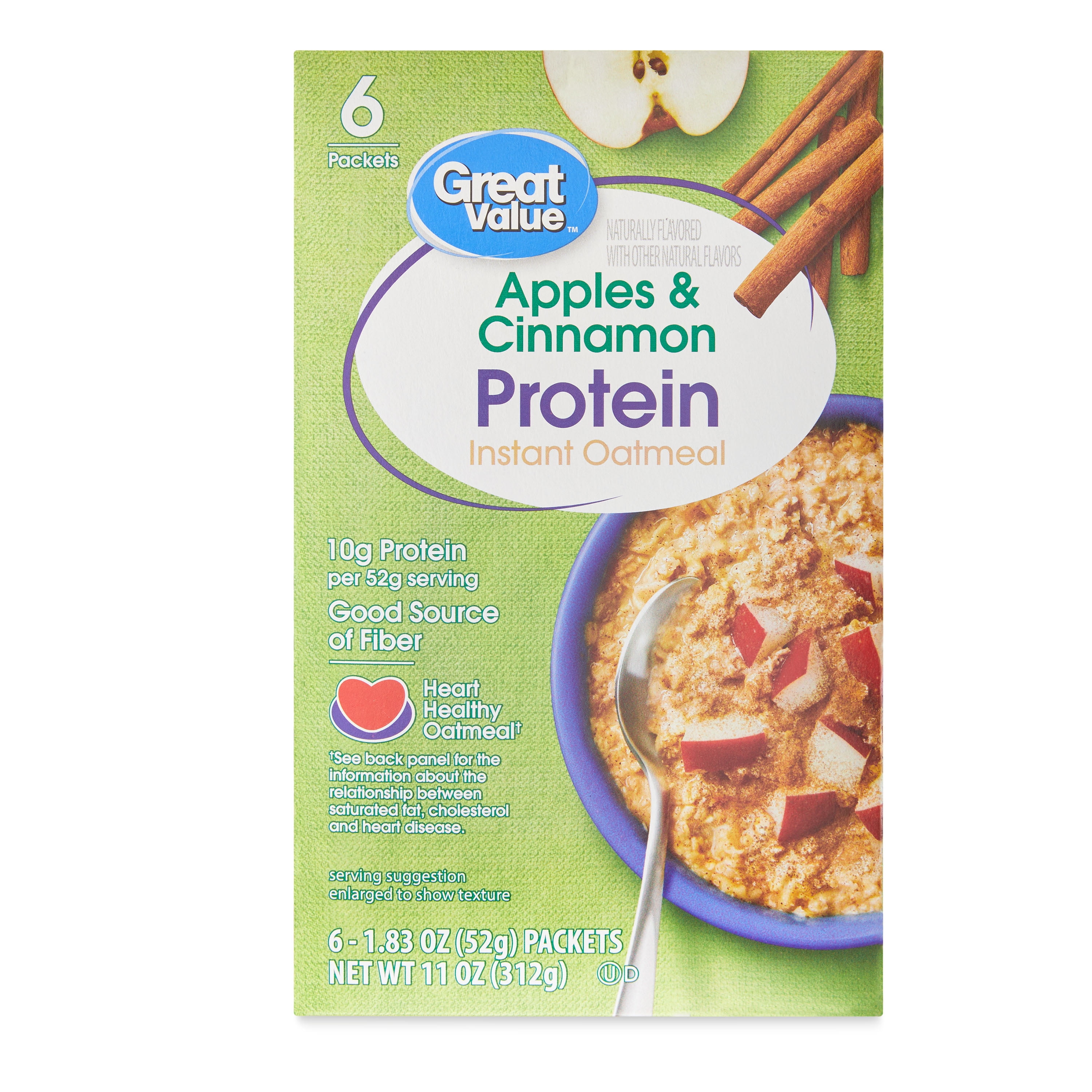 Great Value Apples and Cinnamon Protein Instant Oatmeal 1.83 oz 6 Pack ...