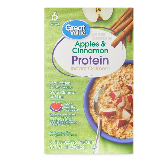 Great Value Apples and Cinnamon Protein Instant Oatmeal 1.83 oz 6 Pack ...