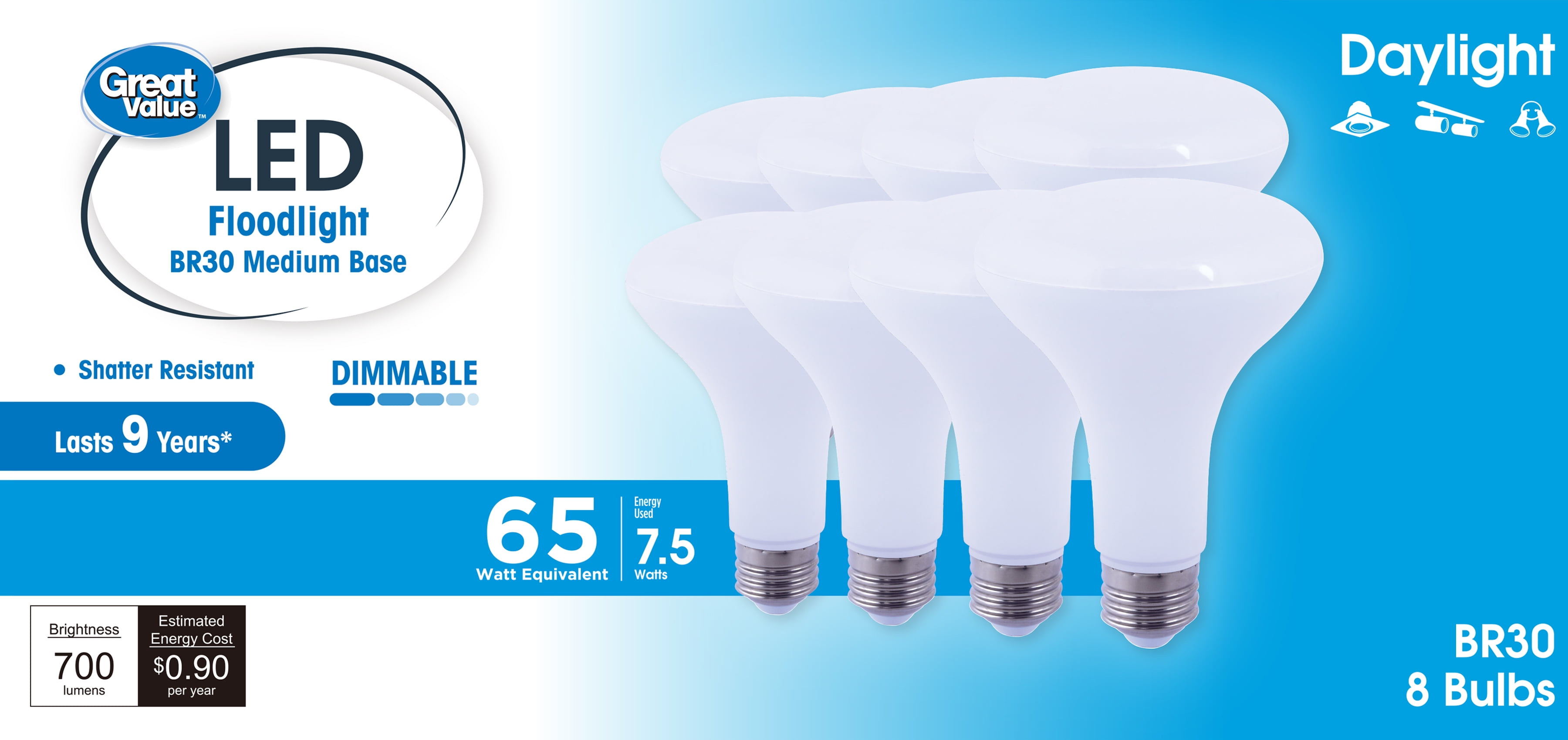 Great Value LED Floodlight Bulb 7.5W Daylight Dimmable E26 Base 65W ...