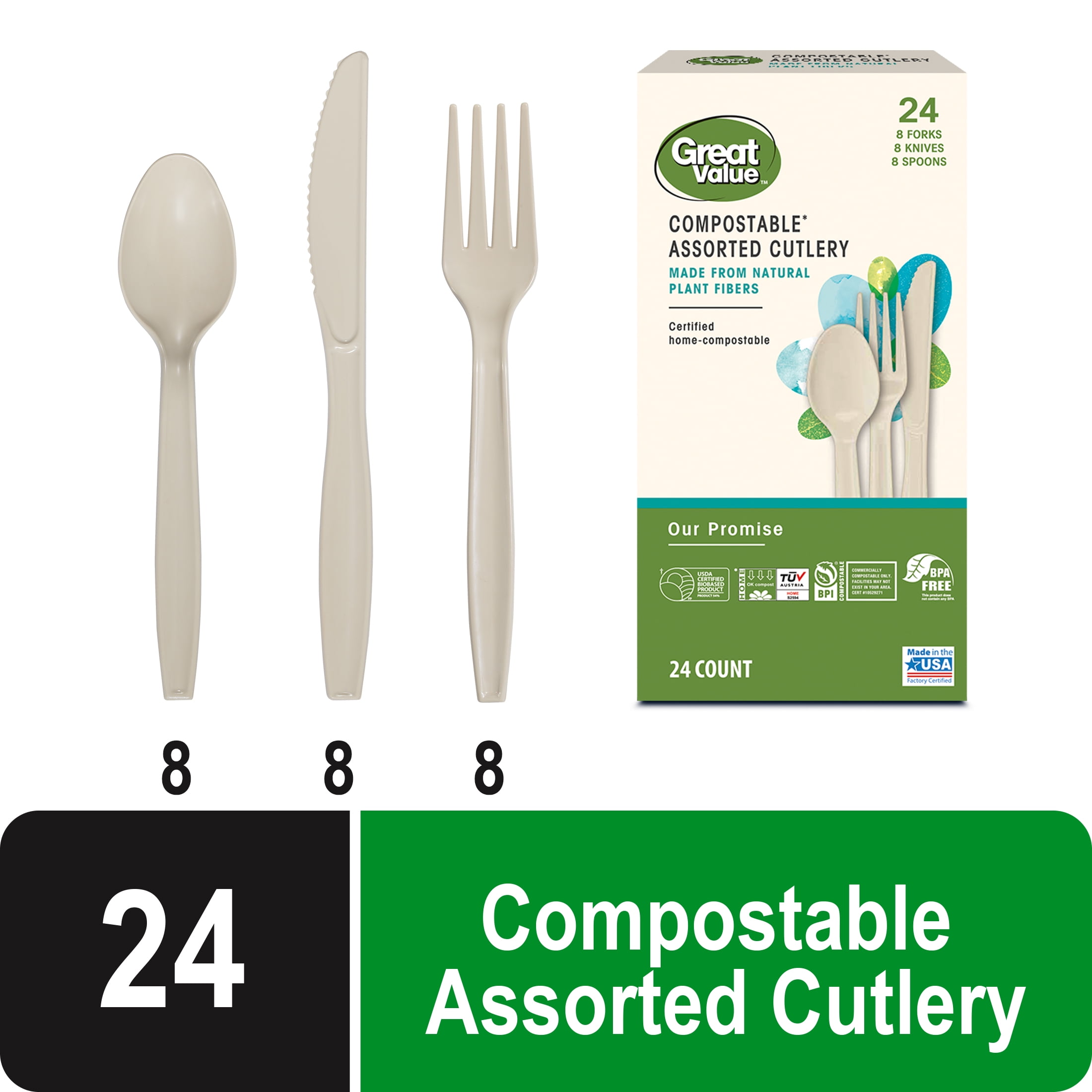 Great Value Disposable Compostable Assorted Cutlery, Beige, 24 Count ...