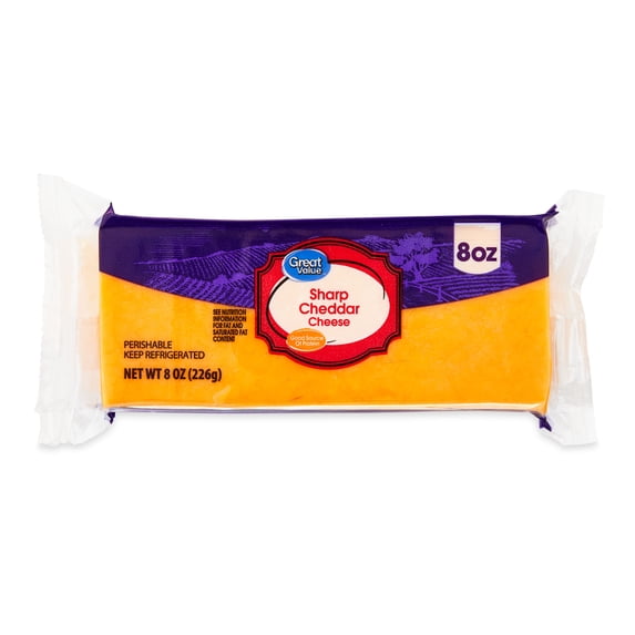 Great Value Sharp Cheddar Cheese Block, 8 oz for Slicing Shredding ...