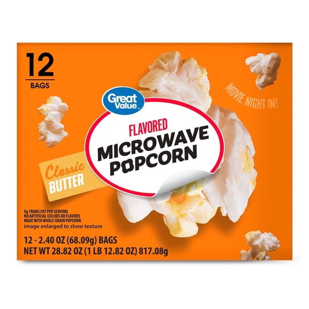 Great Value Butter Flavored Microwave Popcorn, 12 count, 2.4 oz Bags ...