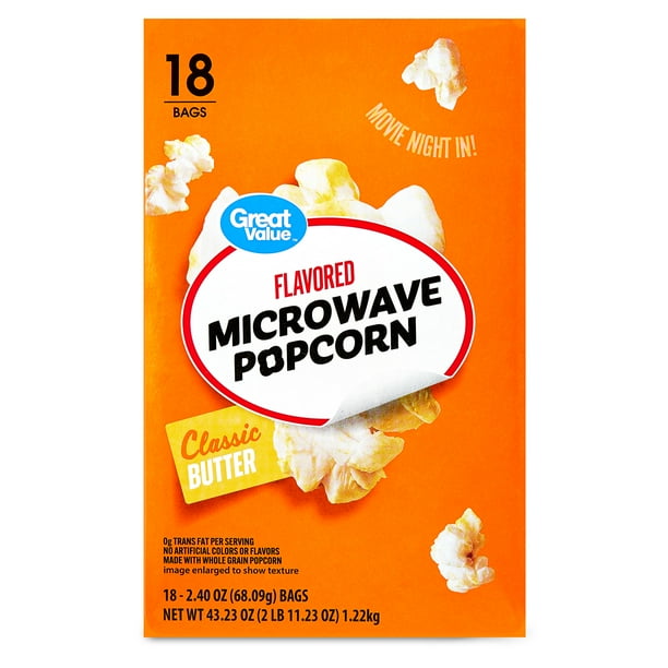 Great Value Butter Flavored Microwave Popcorn, 18 count, 2.4 oz Bags ...