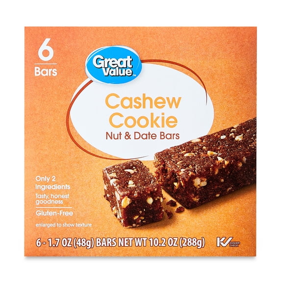 Great Value Cashew Cookie Nut and Date Bars, 10.2 oz, 6 Count with 5g ...