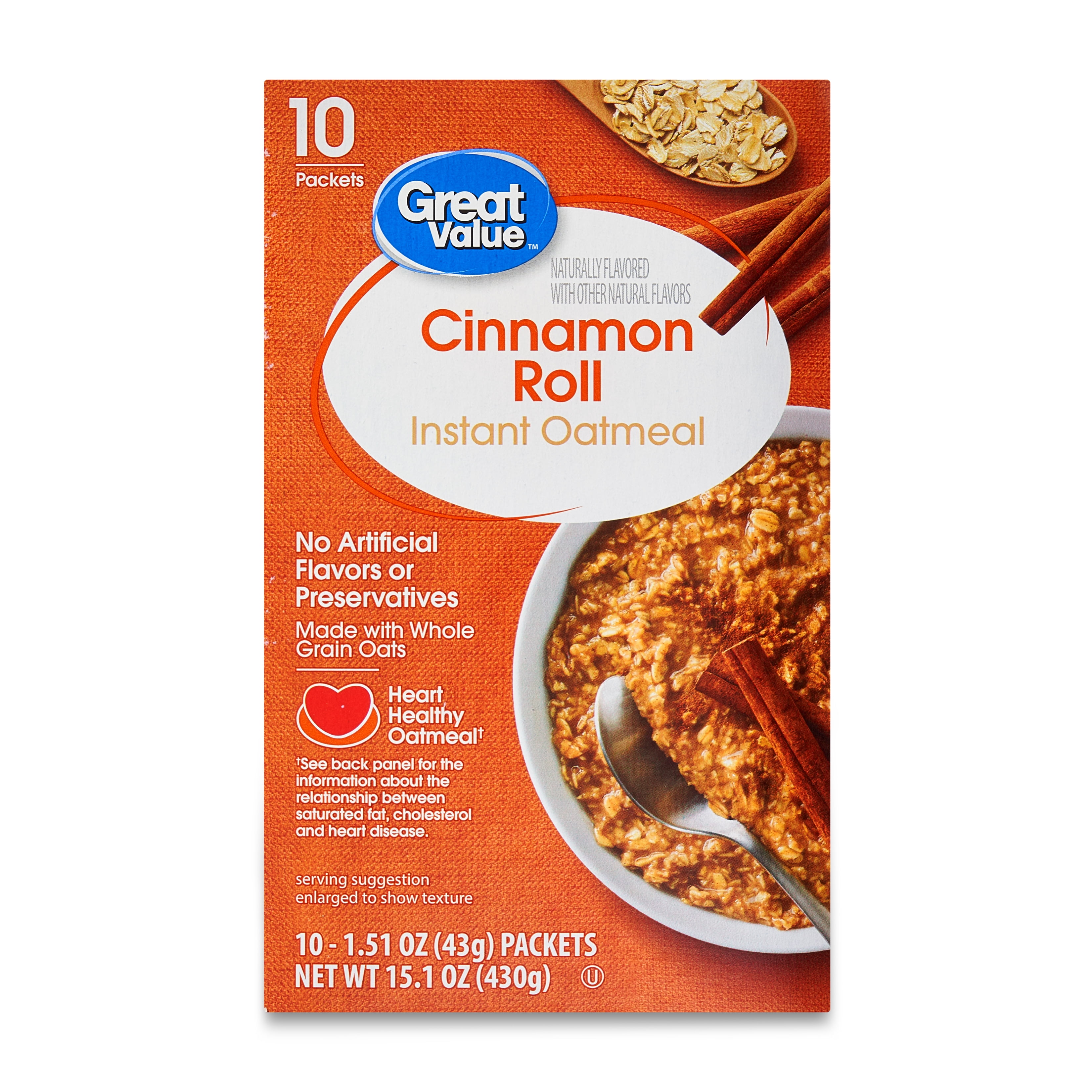 Great Value Cinnamon Roll Instant Oatmeal, 1.51 oz, 10 Packets ...