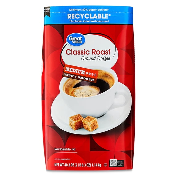 Great Value Coffee, Classic Roast Medium Ground, 40.3 oz, Ready to Brew ...