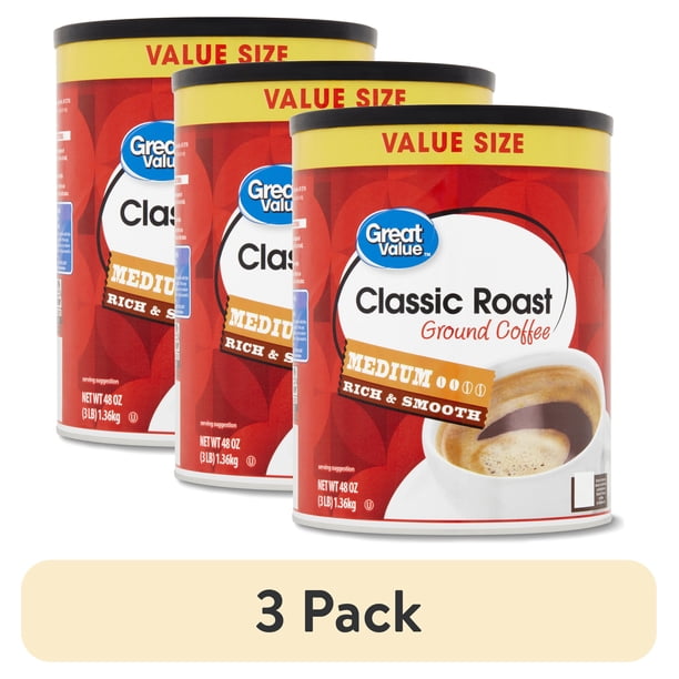 (3 pack) Great Value Classic Roast Medium Ground Coffee, Value Size, 48 ...