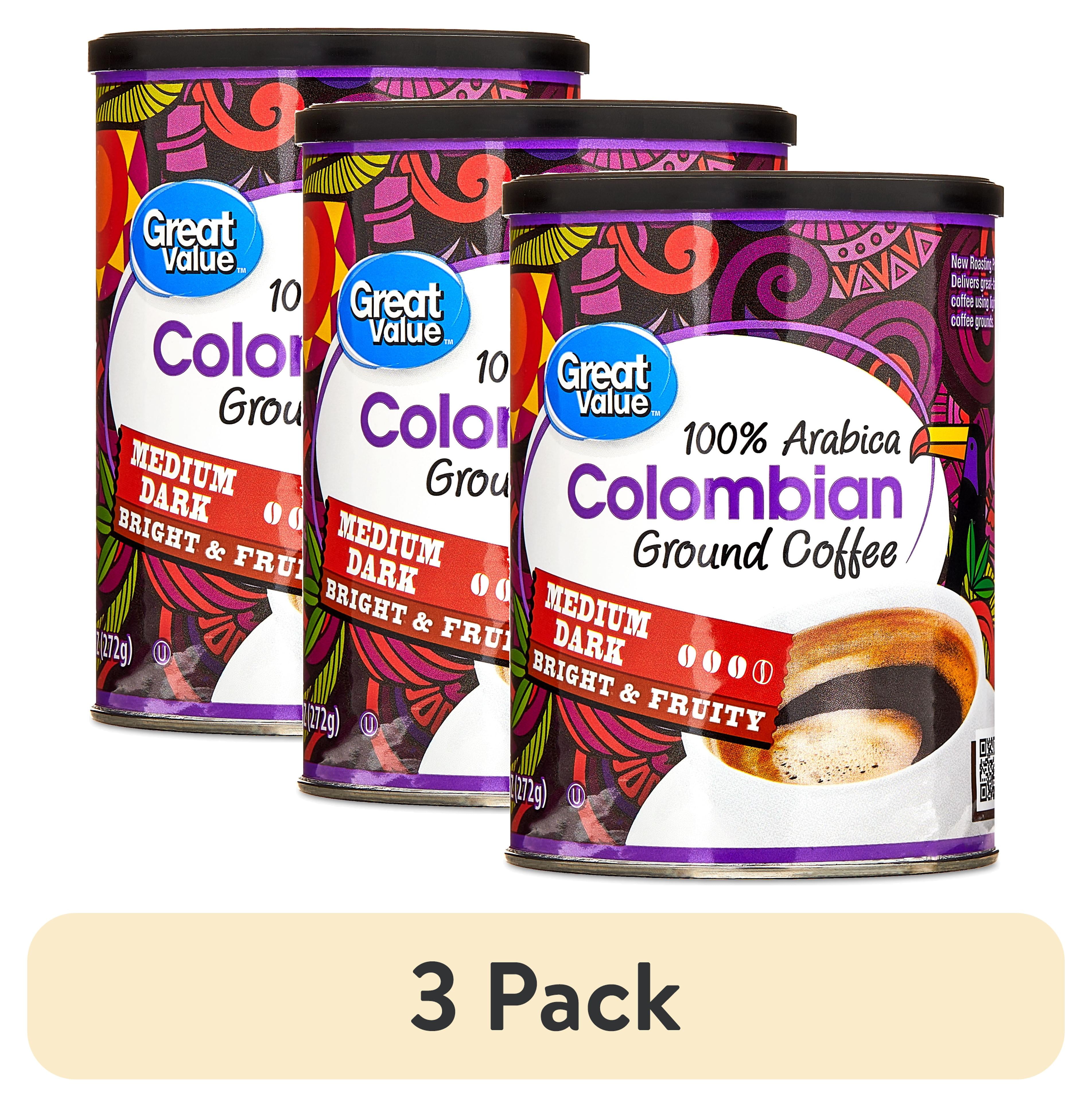 (3 pack) Great Value Colombian Medium Dark Roast Naturally Caffeinated Ground Coffee, 9.6 oz ...