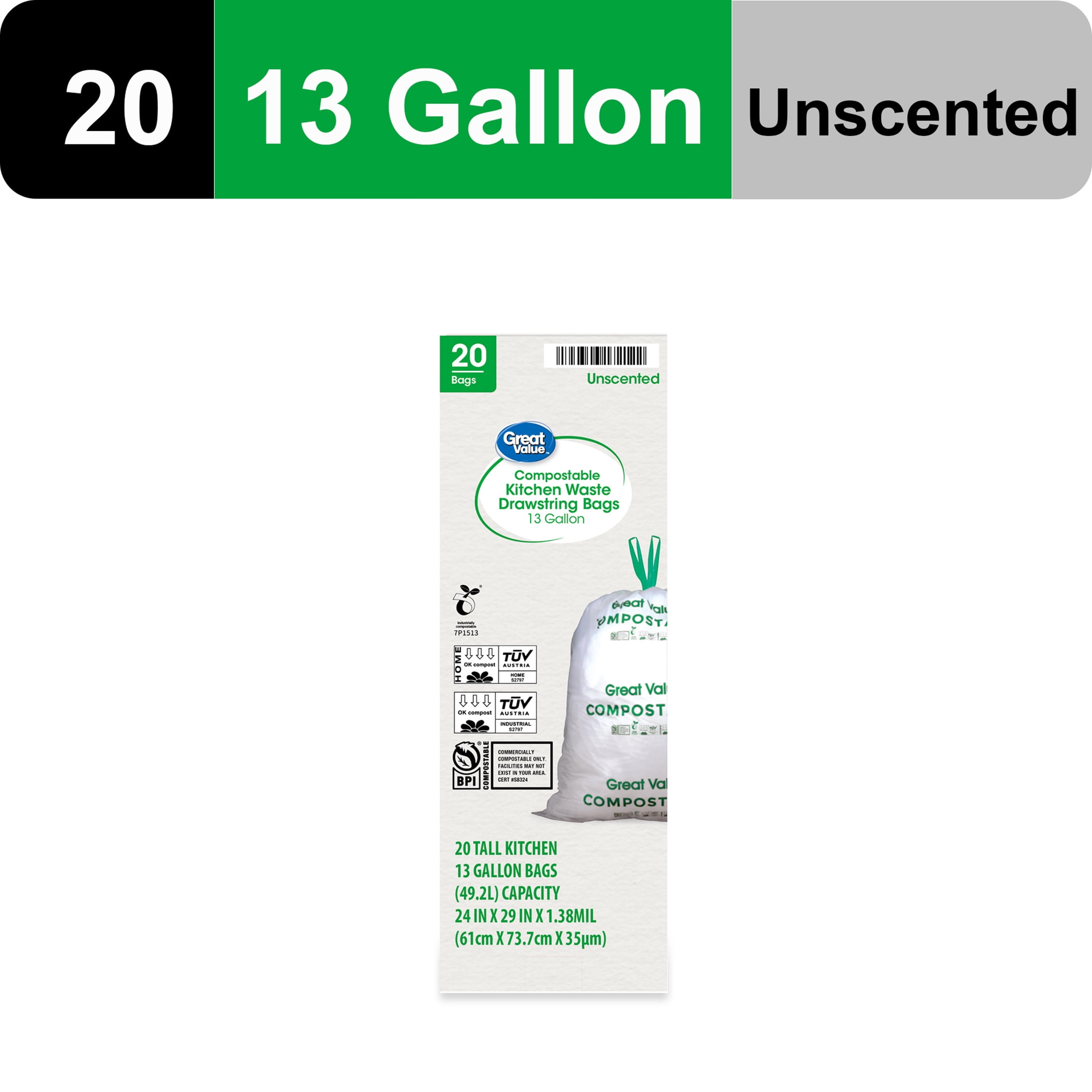 Great Value 13-Gallon Compostable Drawstring Kitchen Waste Bags, 20 ...