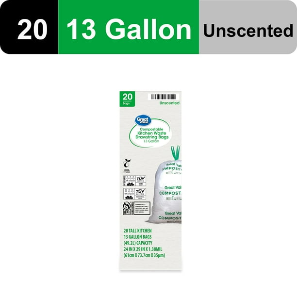 Great Value 13-Gallon Compostable Drawstring Kitchen Waste Bags, 20 ...
