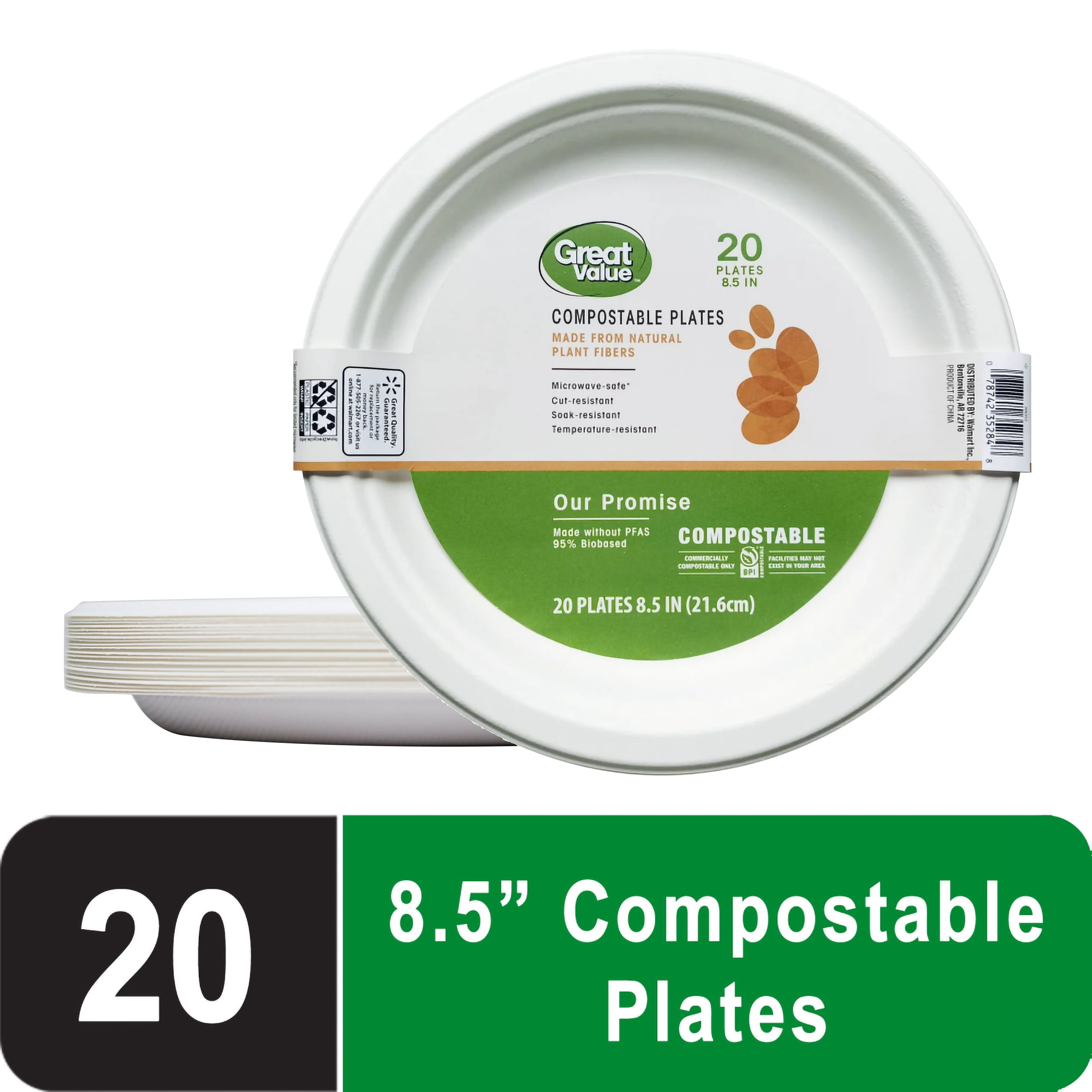 Great Value Compostable Disposable Paper Plates, 8.5", White, 20 Count ...