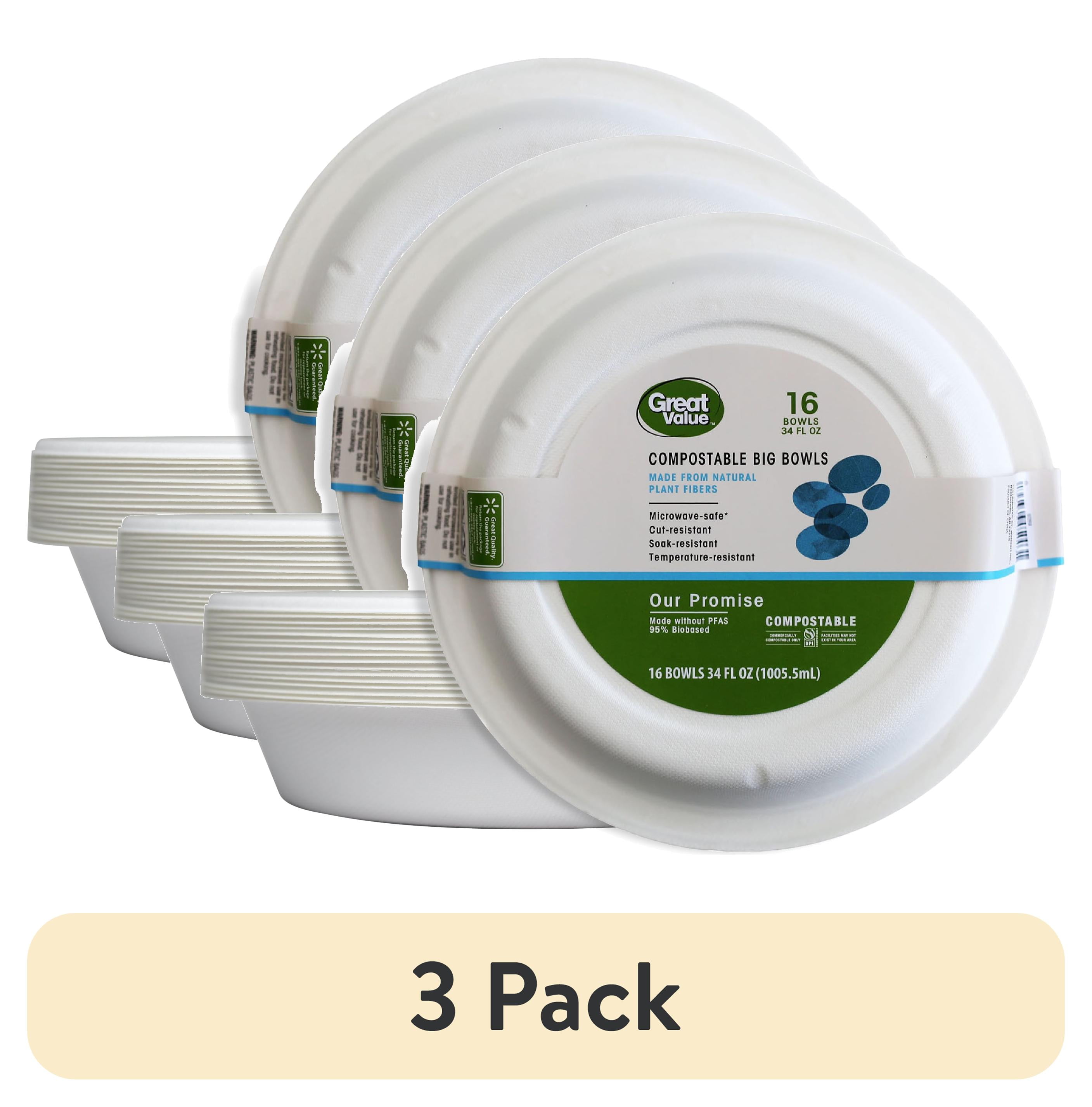 (3 pack) Great Value Compostable, Microwave Safe, Cut Resistent, Soak ...