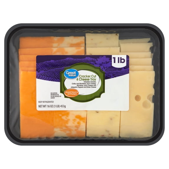 Great Value Cracker Cut Sliced 4 Cheese Tray, 16 oz with Swiss, Colby ...