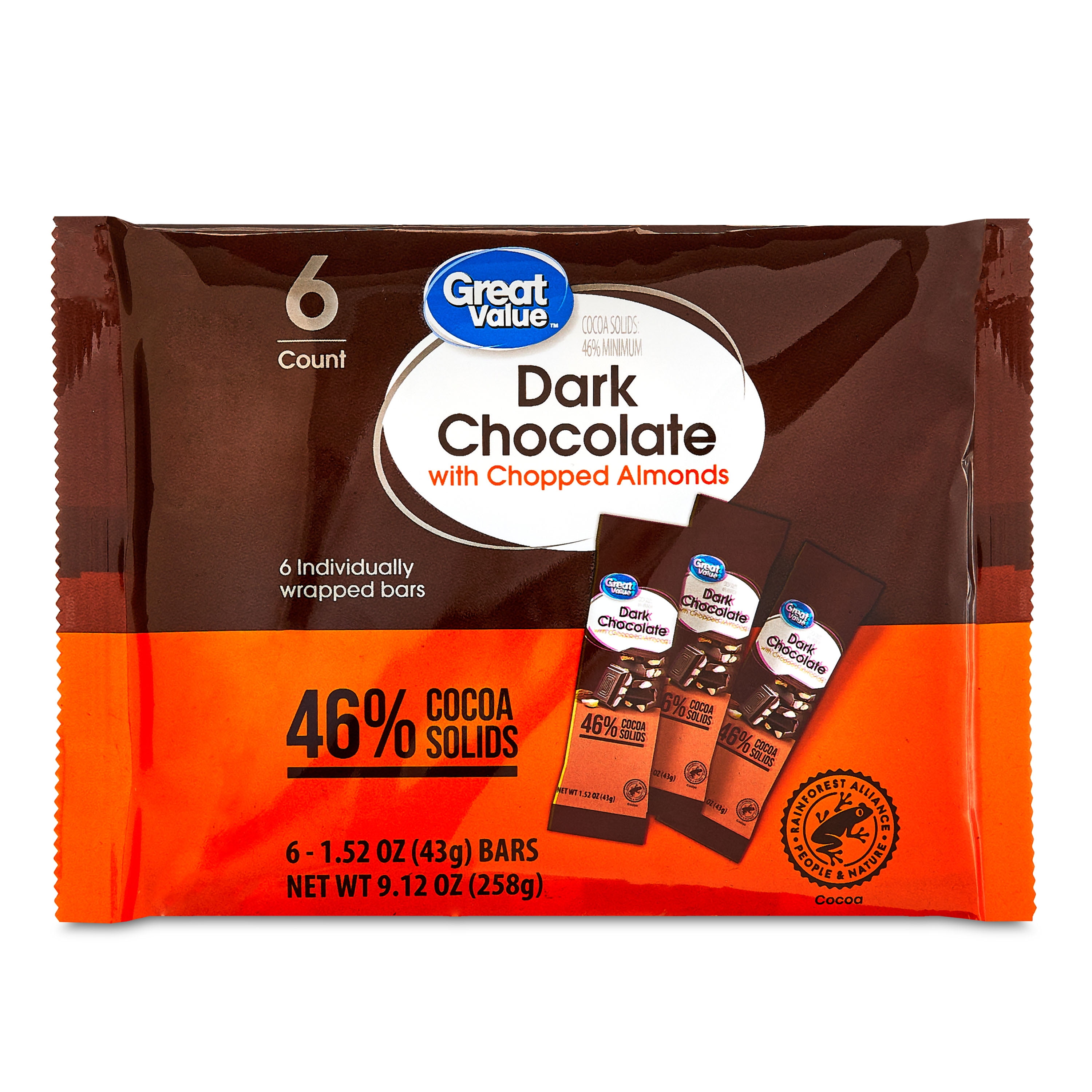Great Value Dark Chocolate with Almonds Bars, 1.52 oz, 6 Count ...