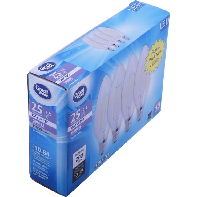 Great Value Decorative LED Light Bulb, Daylight, Dimmable, 2.5W (25W ...