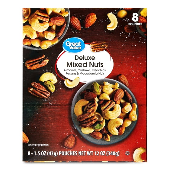 Great Value Mixed Nuts 1.5 oz Pack of 8, Healthy Snack with Almonds ...