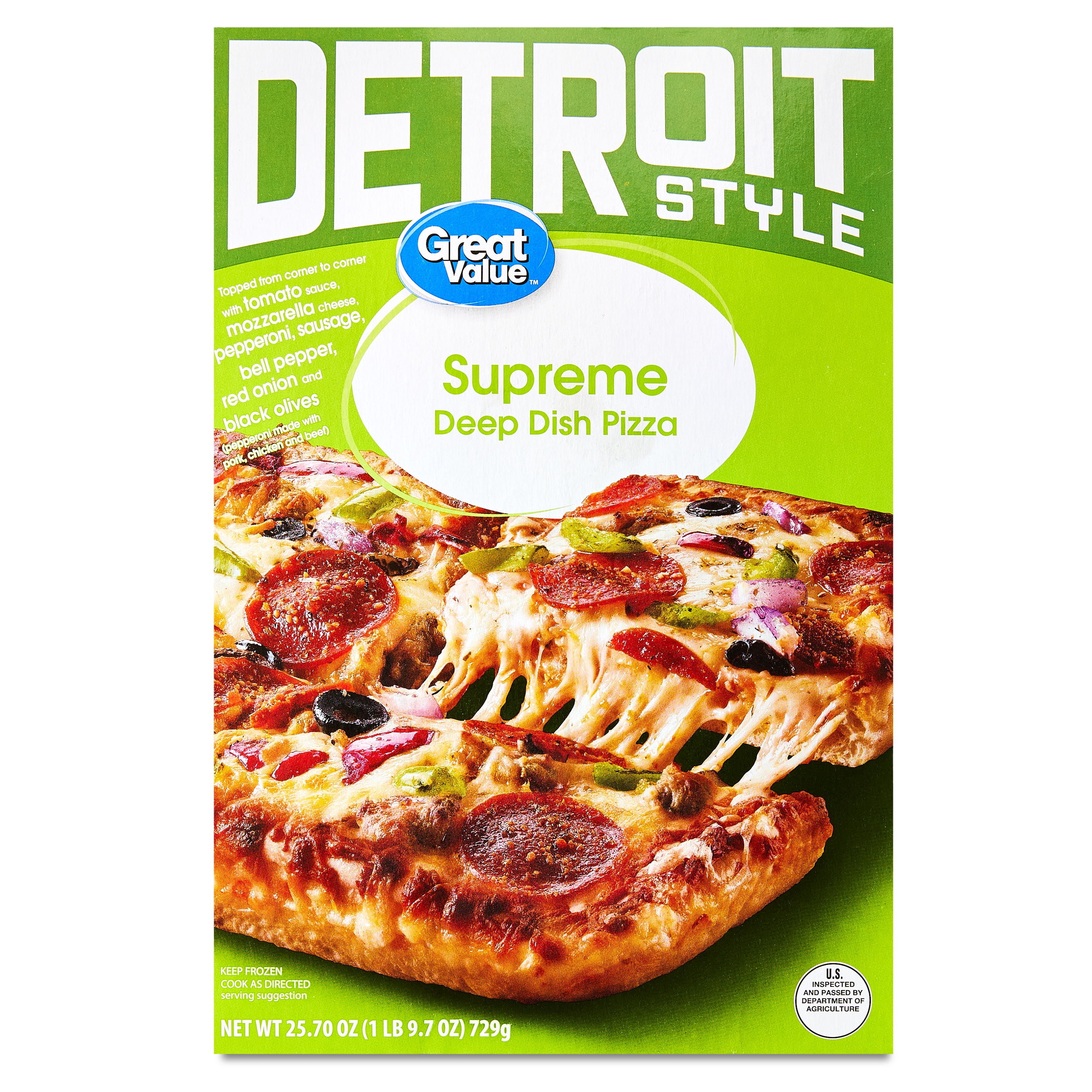 Great Value Detroit-Style Supreme Deep Dish Pizza 25.7 oz Frozen with Square Shape Toppings ...