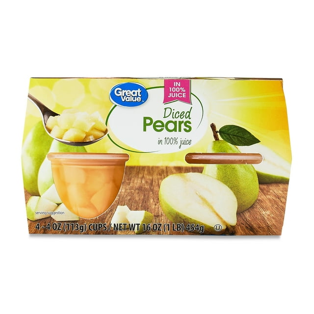 Great Value Diced Pears Fruit Cups in Juice, 4 oz, 4 Count - Walmart.com