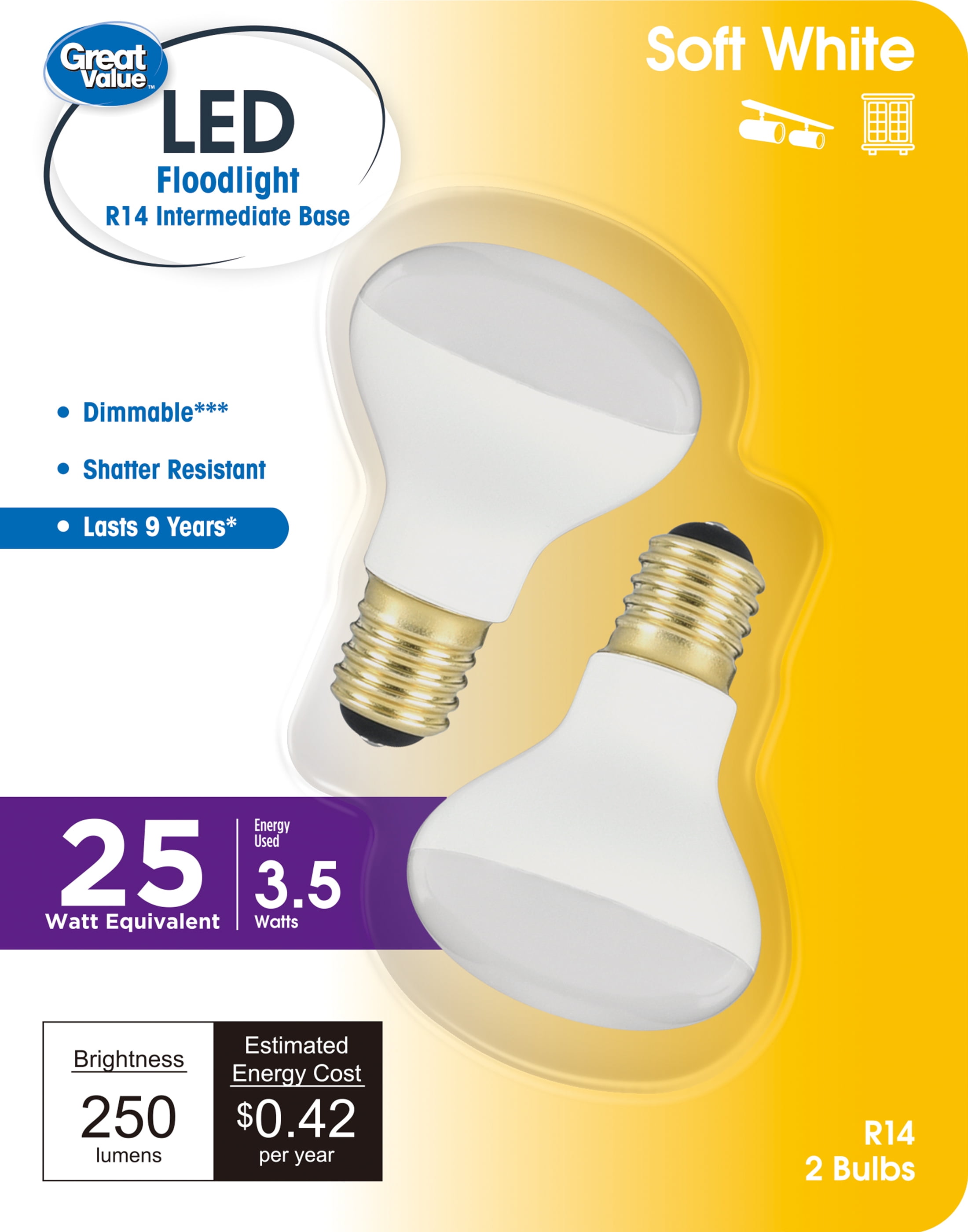 Great Value Dimmable R14 LED Floodlight 3.5W E17 Base Soft White 2 Pack ...