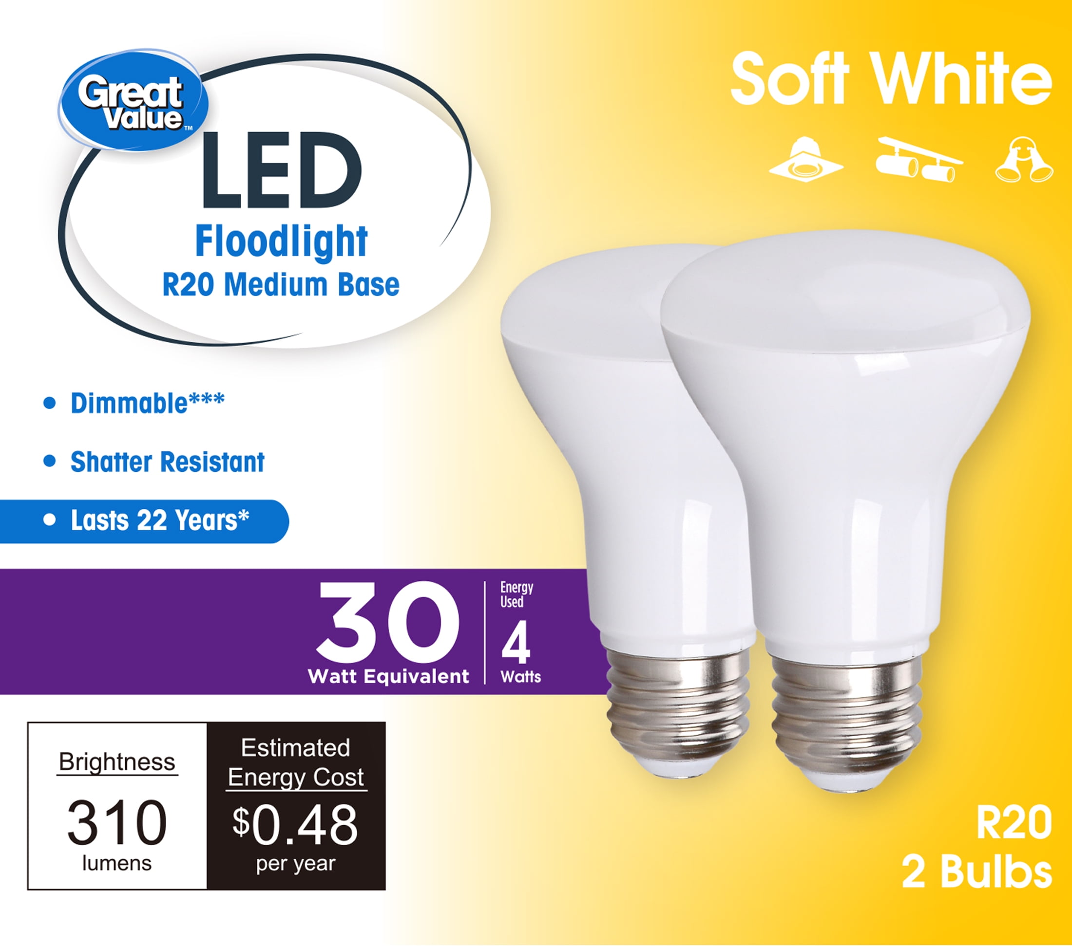 Great Value Indoor Dimmable R20 LED Floodlight 4W 30W Equivalent Soft ...