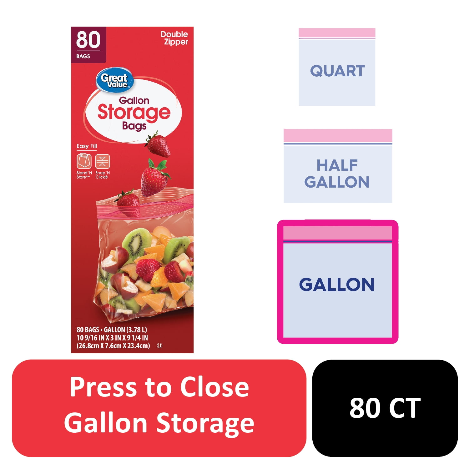 Great Value Fresh Seal Double Zipper Storage Bags, Gallon, 80 Count ...