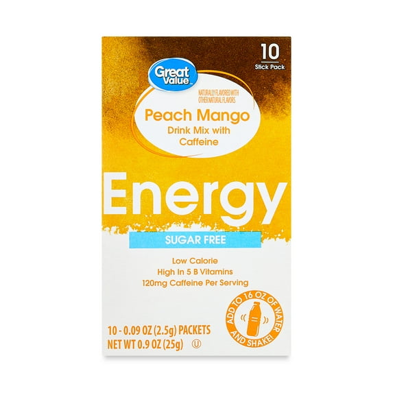 Great Value Energy Peach Mango Drink Mix, 0.09 oz Packets, 10 Count ...