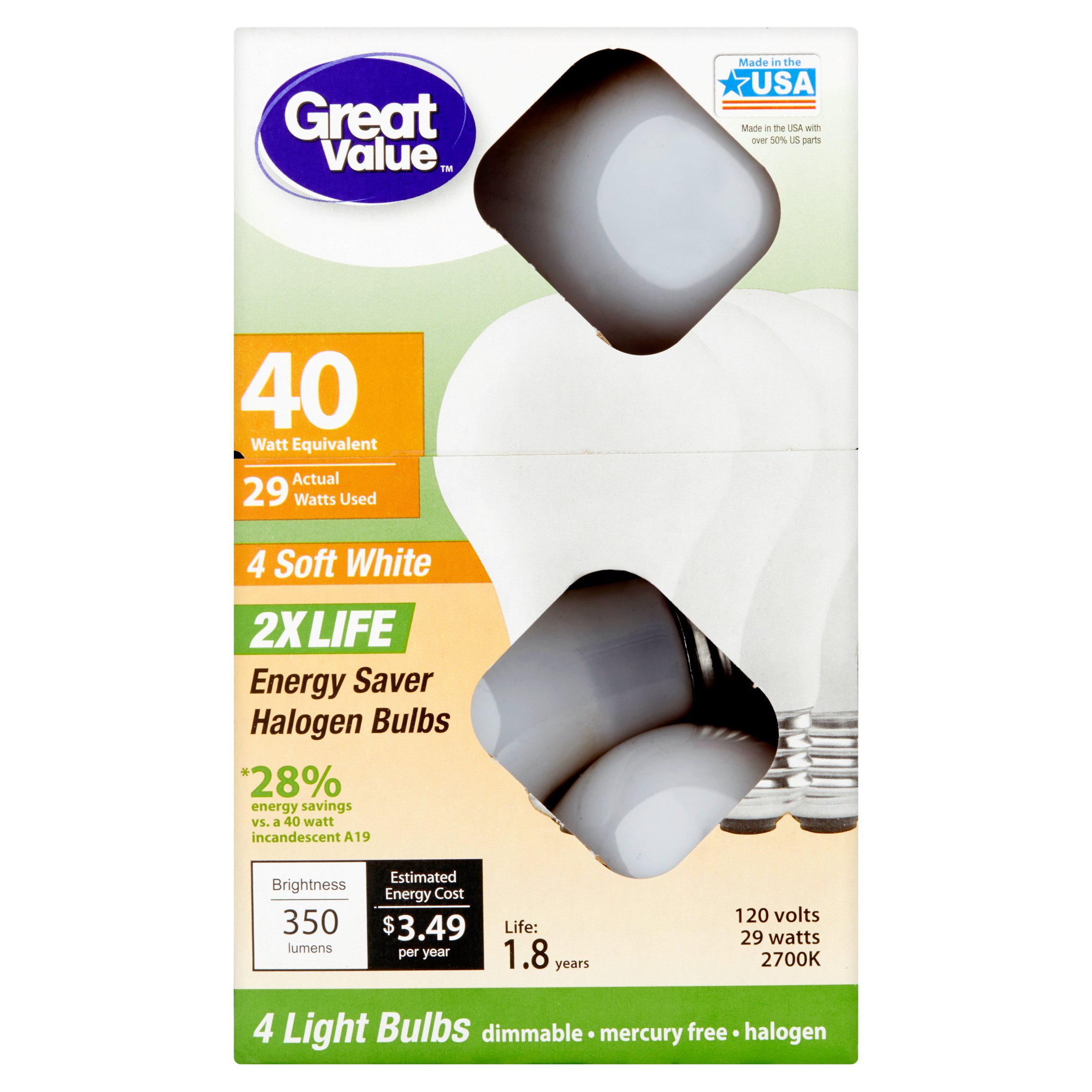 Great Value Energy Saver Halogen Bulbs, 29W (40W Equivalent), Soft ... Great Value Energy Saver Halogen Bulbs, 29W (40W Equivalent), Soft ...
