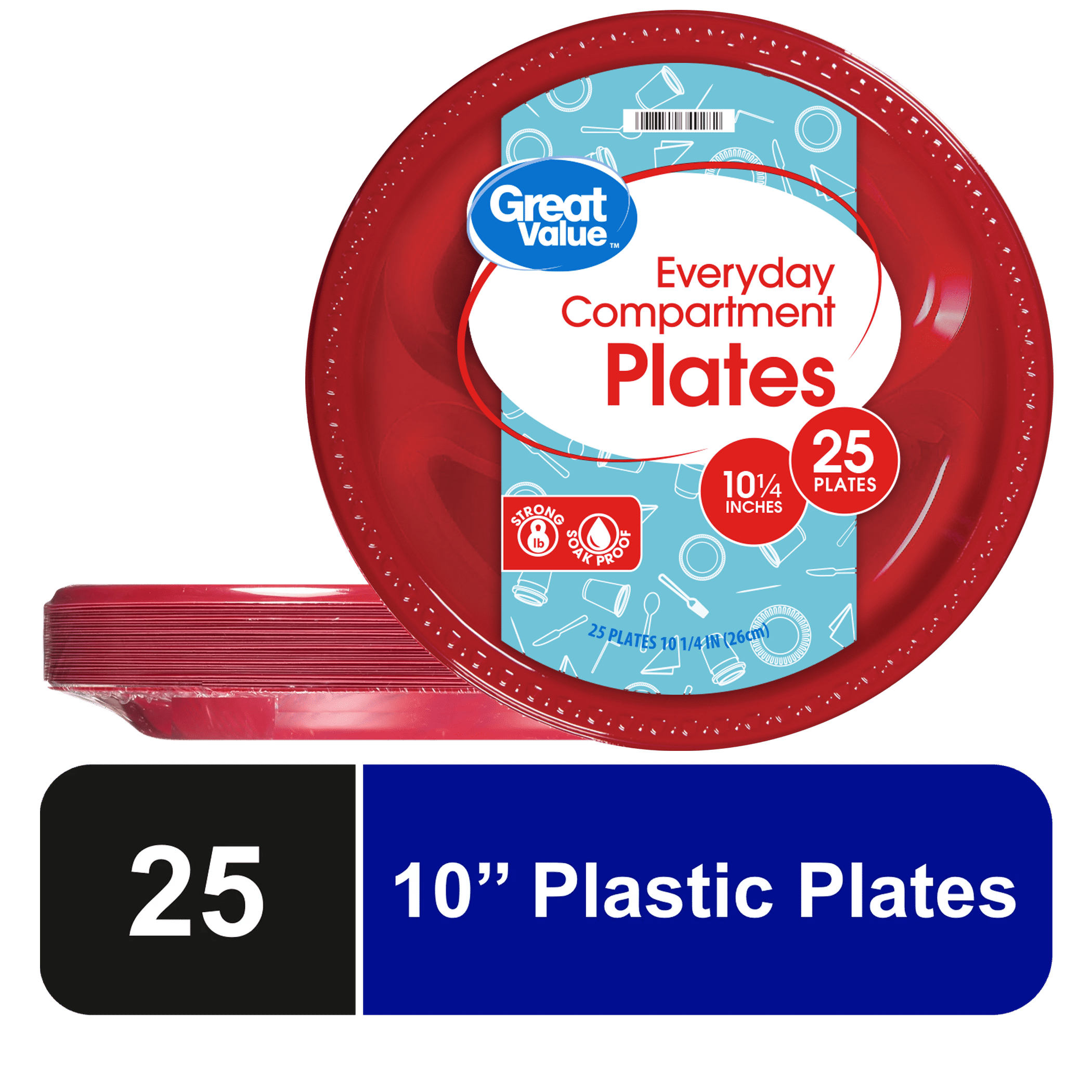 Great Value Red Disposable Plastic Compartment Plate 10.25 inches, Pack ...