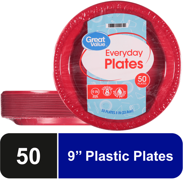 Great Value Everyday Disposable Plastic Plates, Red, 9", 50 Count ...