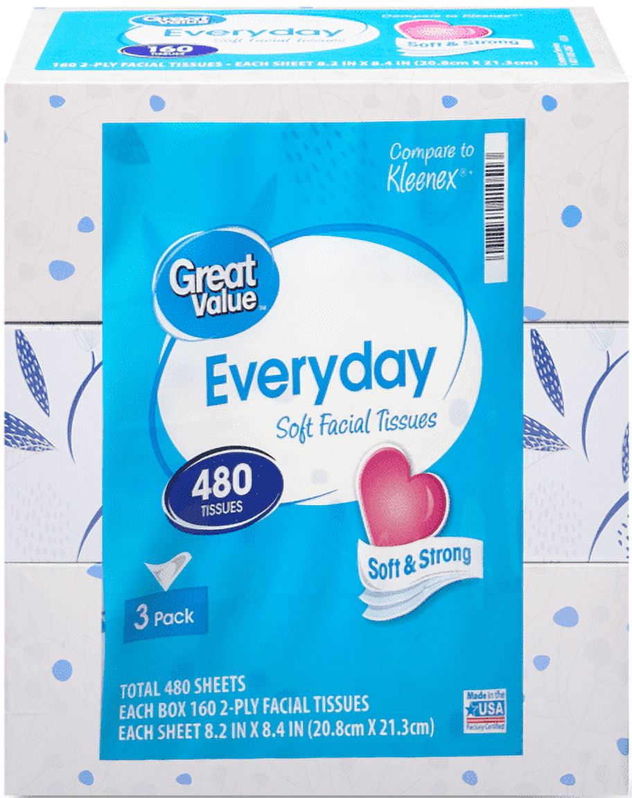 Great Value Everyday Facial Tissues, 3 Flat Boxes (480 Total Tissues ...