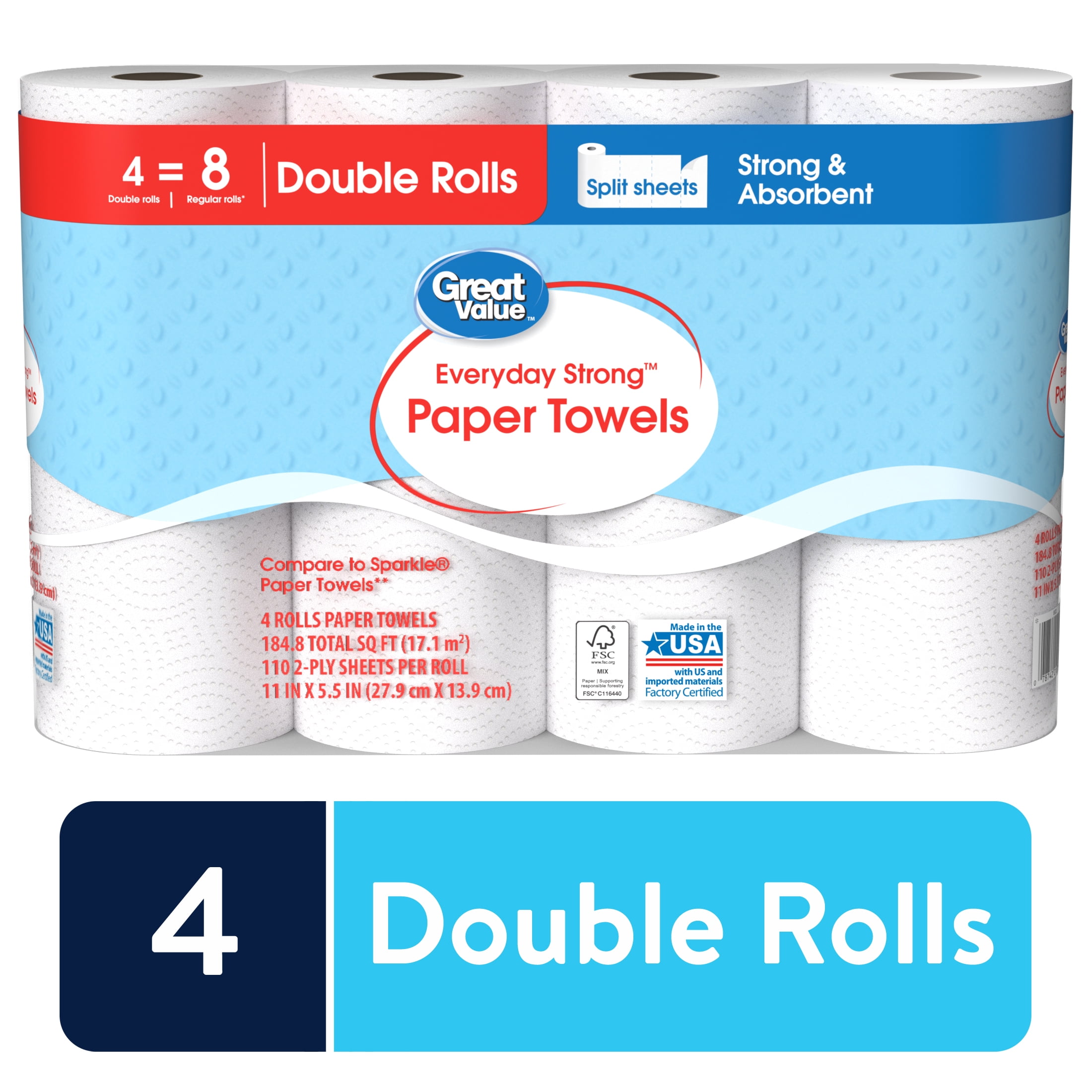 Great Value Everyday Paper Towels, 4 Double Rolls - Walmart.com