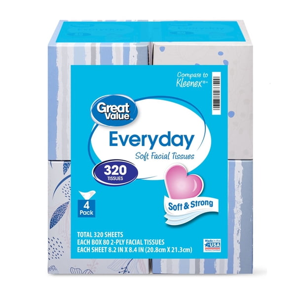 Great Value Everyday Soft Facial Tissues, 2-Ply, 4 Cube Cartons (320 ...